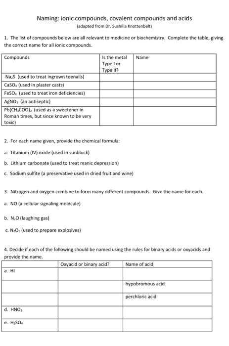 Solved Naming: ionic compounds, covalent compounds and acids | Chegg.com