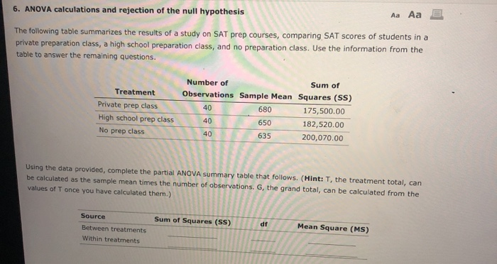 Solved 6. ANOVA calculations and rejection of the null | Chegg.com