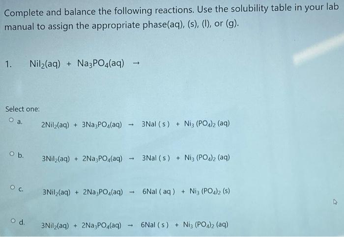 Solved Complete and balance the following reactions. Use the | Chegg.com