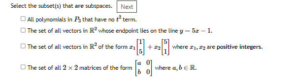 Select the subset(s) ﻿that are subspaces. NextAll | Chegg.com