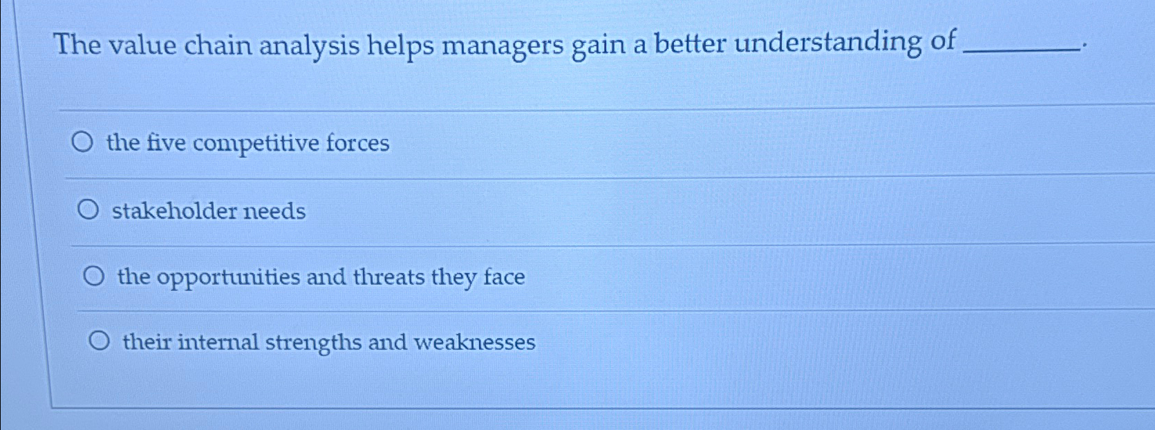 Solved The value chain analysis helps managers gain a better | Chegg.com