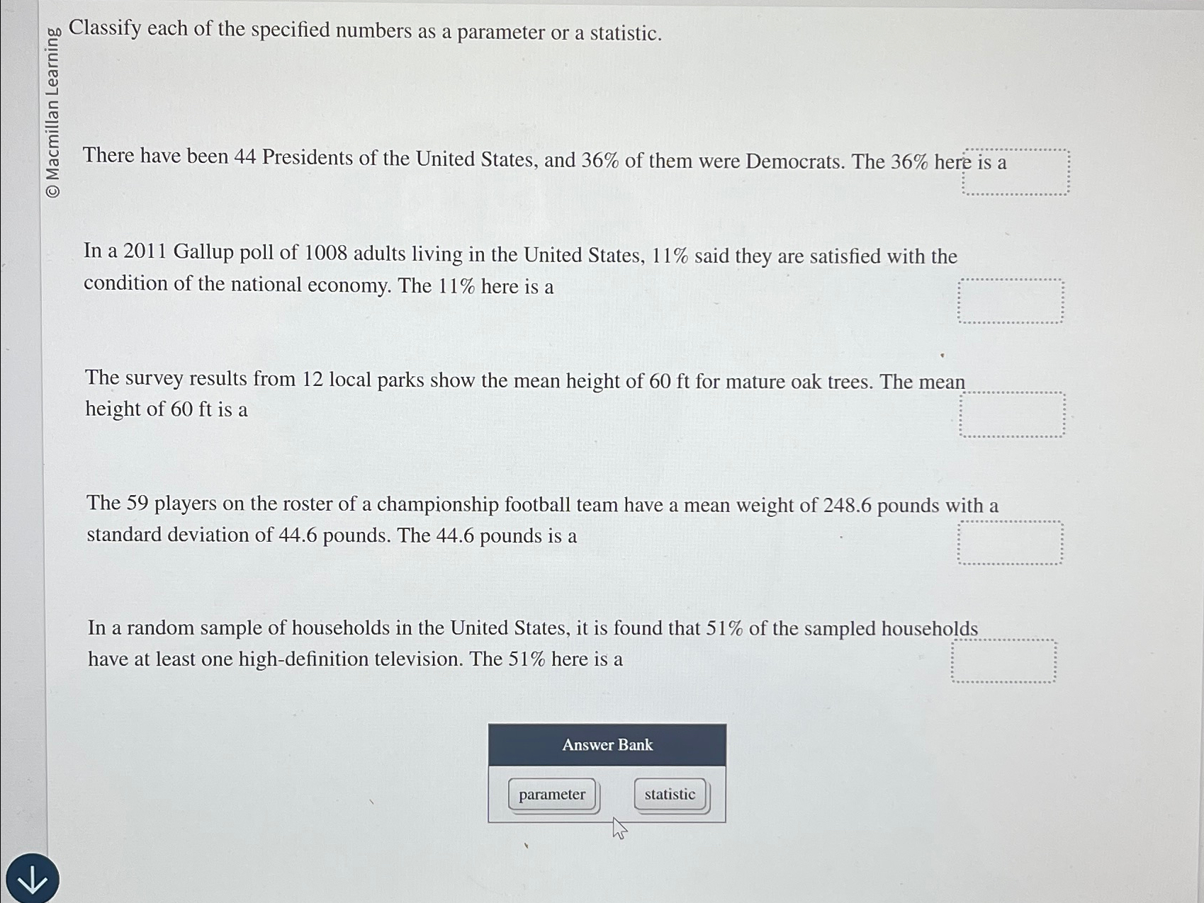 Solved Classify each of the specified numbers as a parameter | Chegg.com