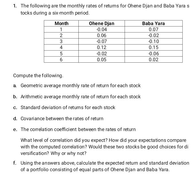 1. The following are the monthly rates of returns for | Chegg.com