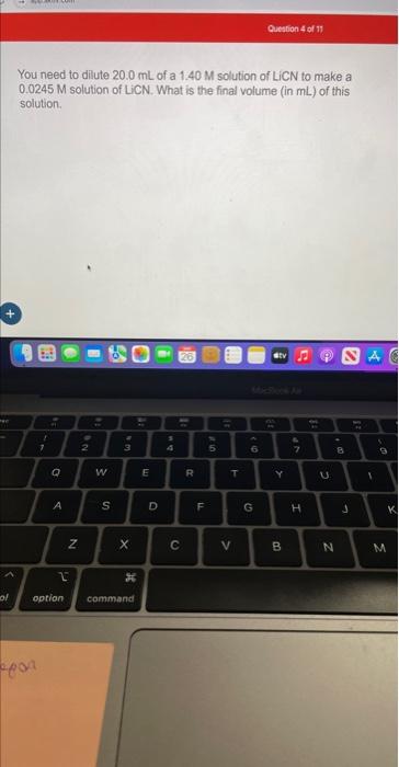 Solved You need to dilute 20.0 mL of a 1.40M solution of | Chegg.com