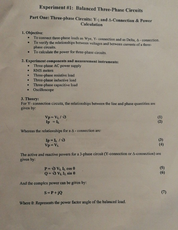 Solved Experiment #1: Balanced Three-Phase Circuits Part | Chegg.com