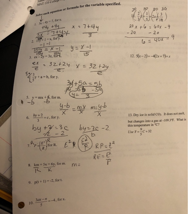Solved NIL MAT 110 College mula for the variable specified. | Chegg.com