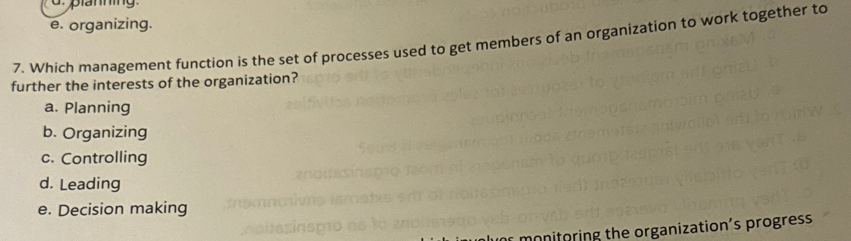 Solved e. ﻿organizing.7. ﻿Which management function is the | Chegg.com