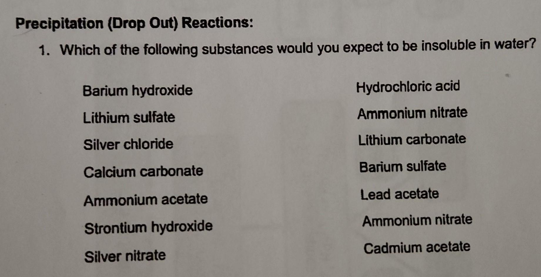 Solved Precipitation (Drop Out) Reactions: 1. Which of the | Chegg.com