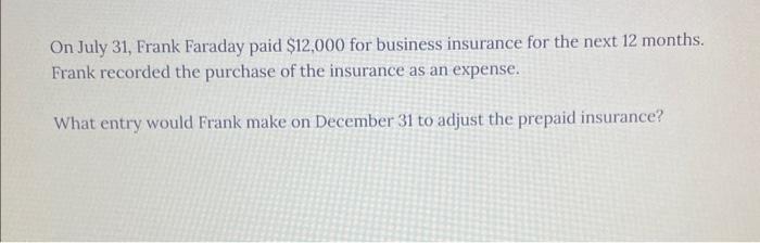 Solved On July 31, Frank Faraday paid $12,000 for business | Chegg.com