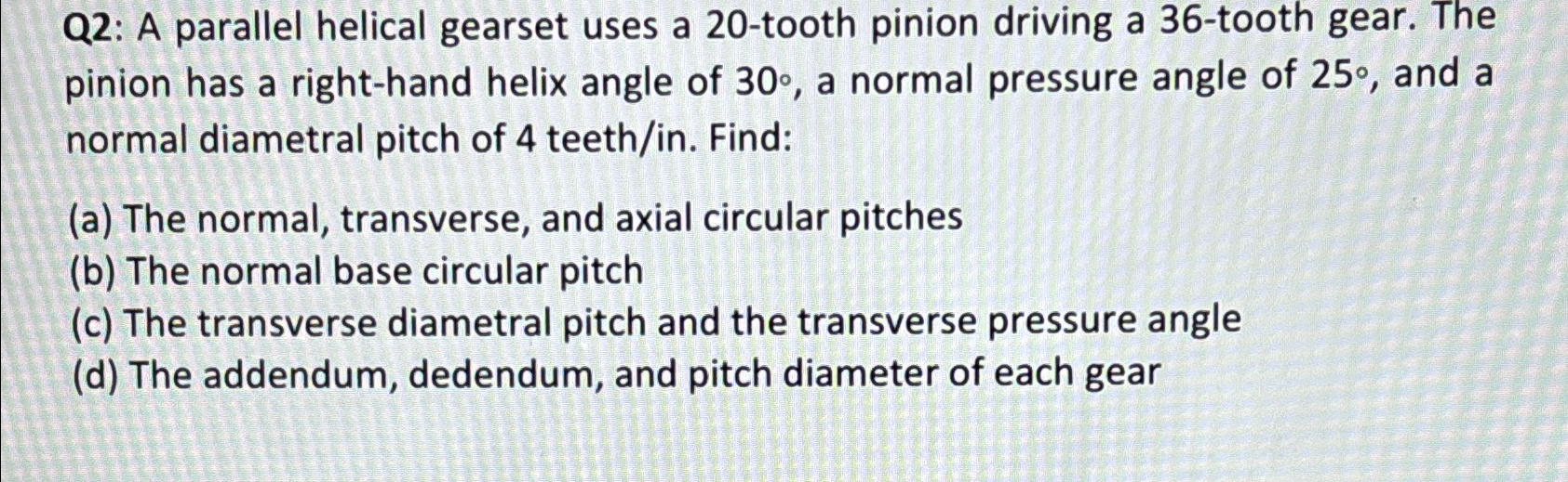 Solved Q2: A parallel helical gearset uses a 20-tooth pinion | Chegg.com