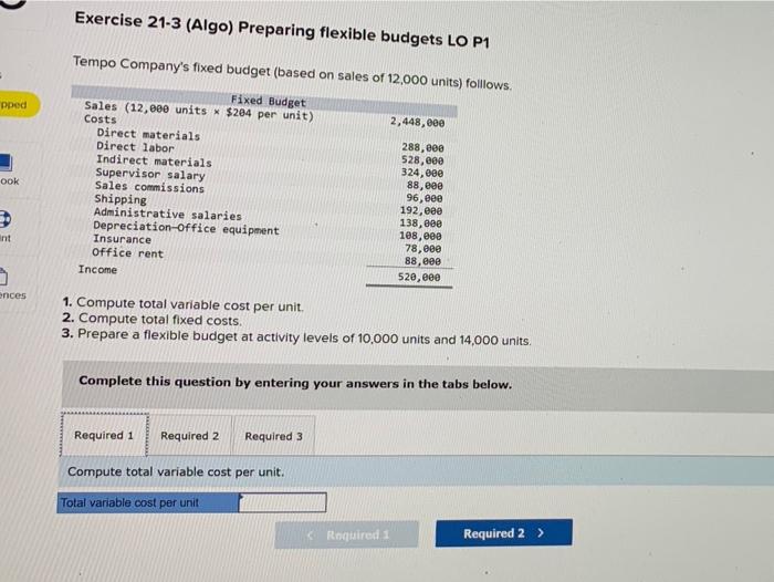 Solved Exercise 21-3 (Algo) Preparing flexible budgets LO P1 | Chegg.com