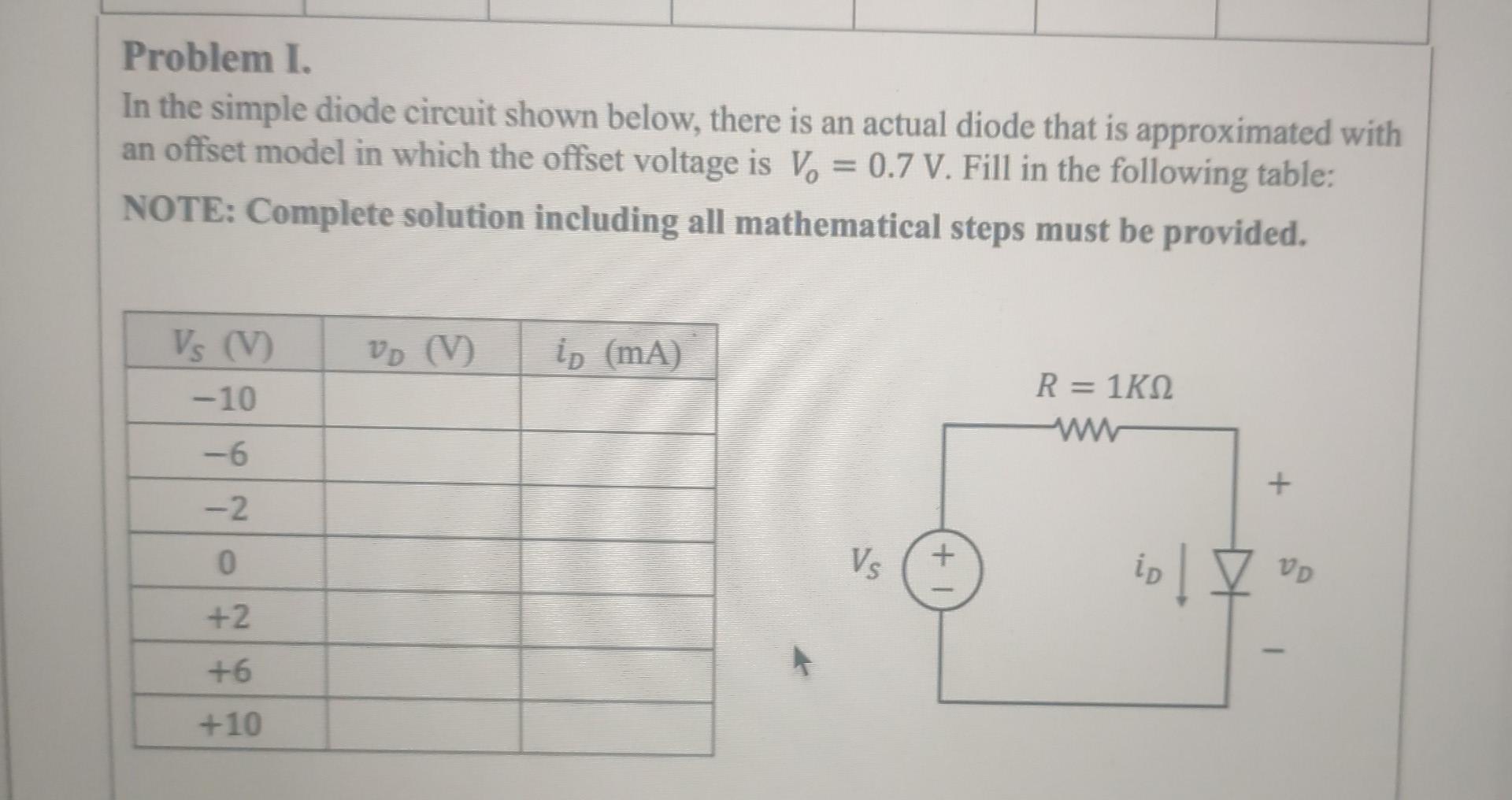 Solved Problem I. In the simple diode circuit shown below, | Chegg.com