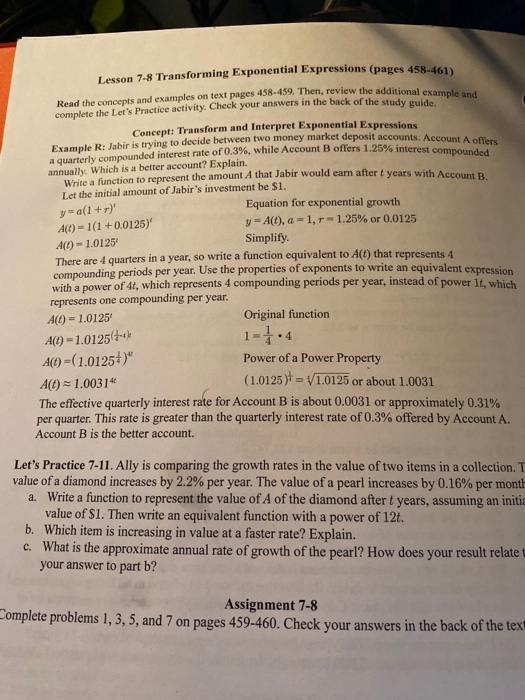 Solved Lesson 7-8 Transforming Exponential Expressions | Chegg.com