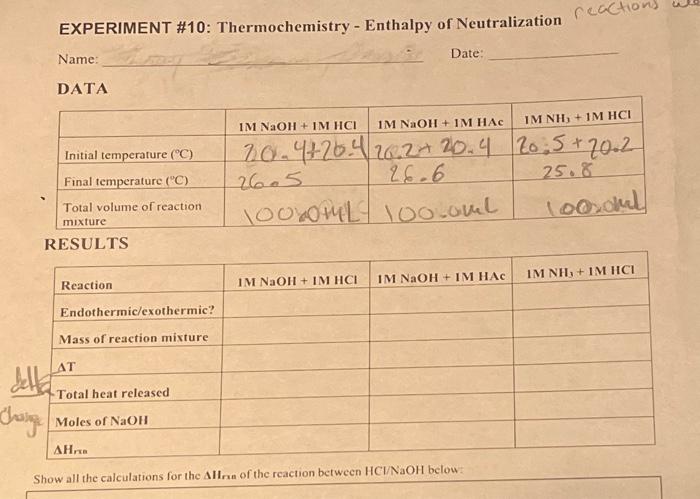 Solved EXPERIMENT \#10: Thermochemistry (Determination of | Chegg.com