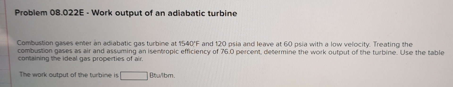 Solved Problem 08.022E - ﻿Work output of an adiabatic | Chegg.com