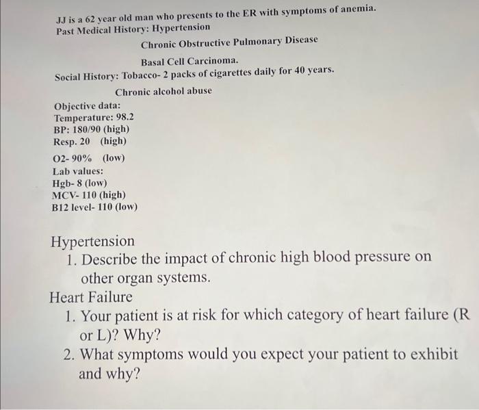 Solved JJ is a 62 year old man who presents to the ER with | Chegg.com