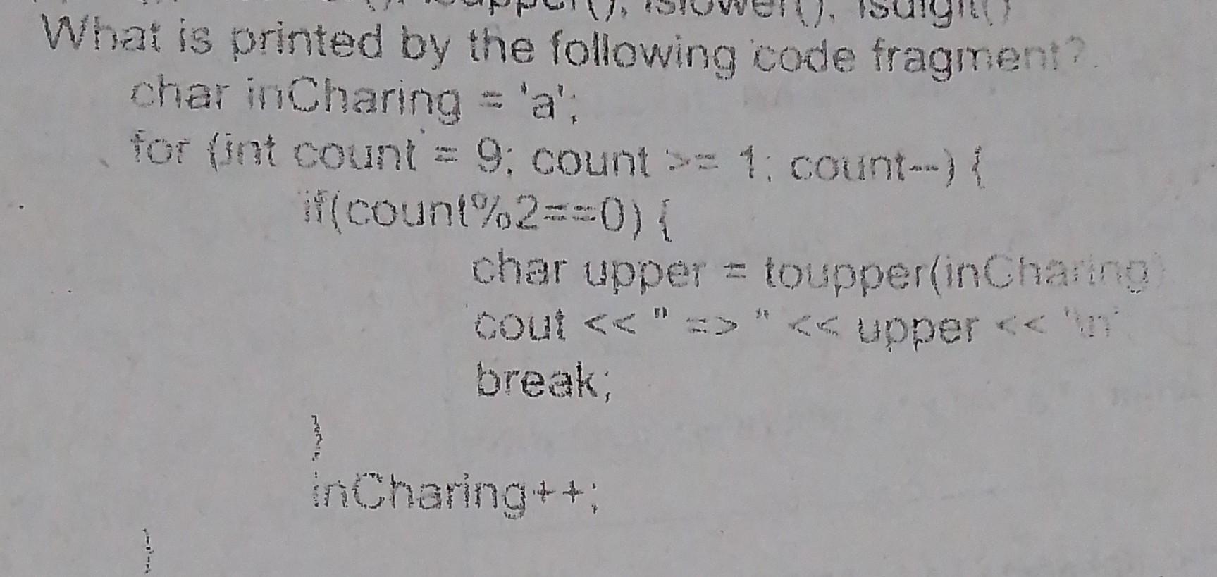 Solved What is printed by the following code fragment? char | Chegg.com