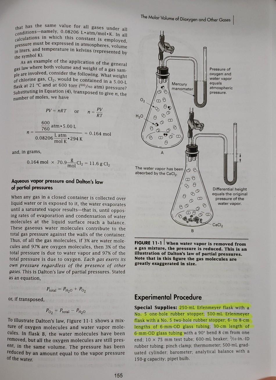 EXPERIMENT The Molar Volume of Dioxygen and Other | Chegg.com