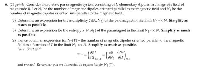 Solved 6. (25 points) Consider a two-state paramagnetic | Chegg.com