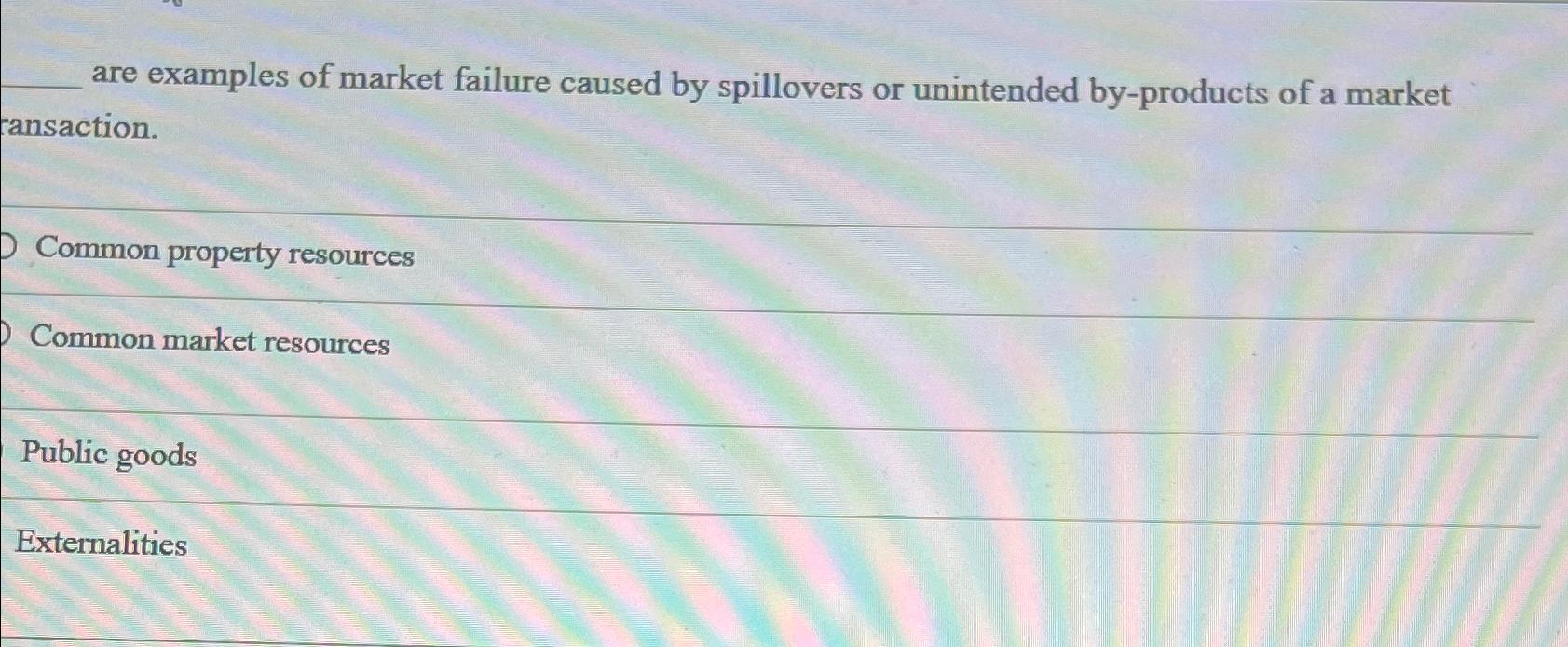Solved are examples of market failure caused by spillovers | Chegg.com