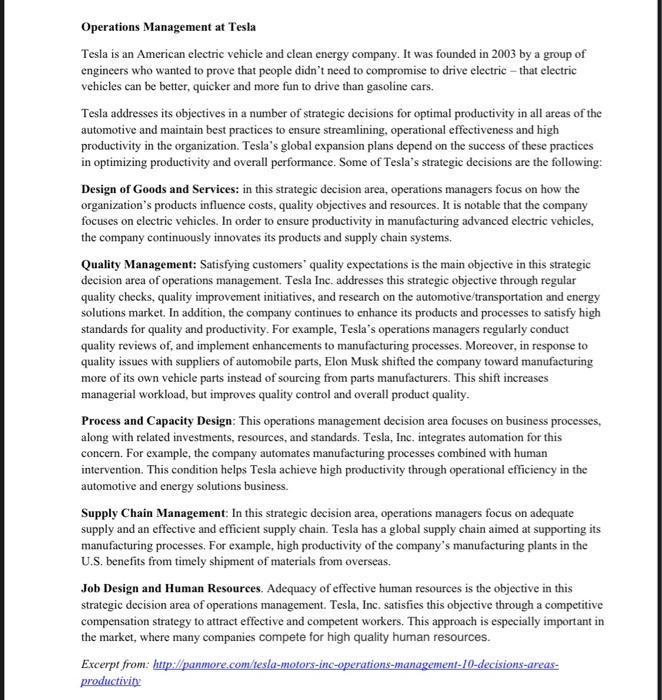Solved Operations Management at Tesla Tesla is an American | Chegg.com