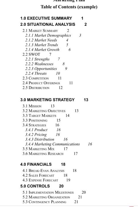 Solved Table of Contents (example) 1 2 3 6 1.0 EXECUTIVE | Chegg.com
