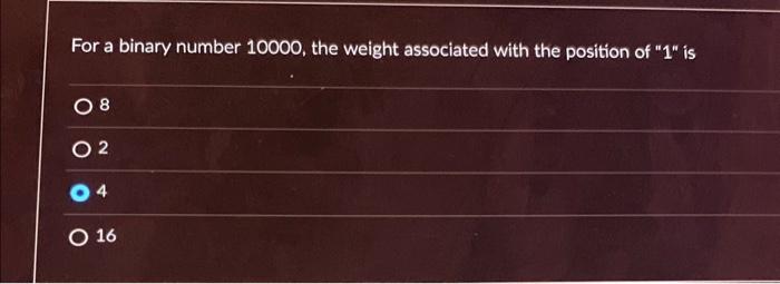 Solved For a binary number 10000 , the weight associated | Chegg.com