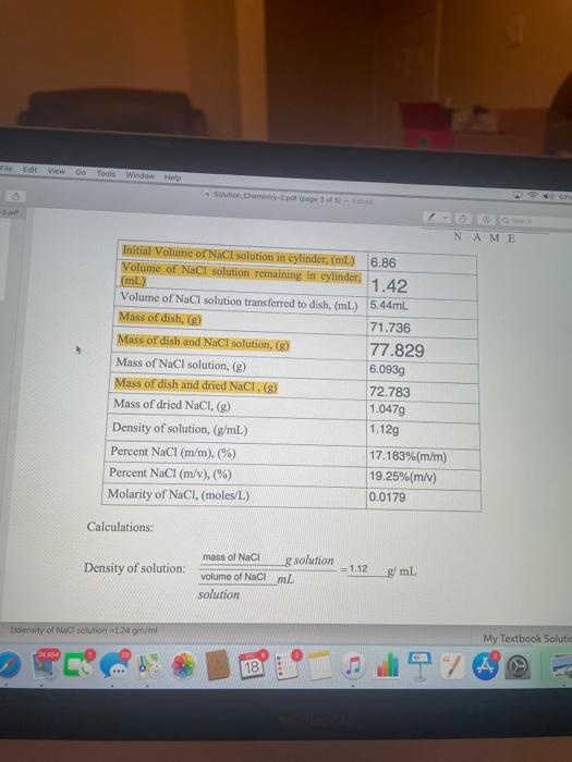 Solved Problems 1. Use the density of the NaCl solution that | Chegg.com