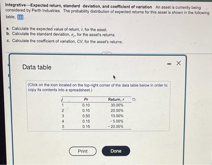 Solved Integrative Expected return, standard deviation, and | Chegg.com