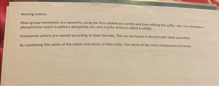 Naming anions: Main group nonmetals are named by | Chegg.com