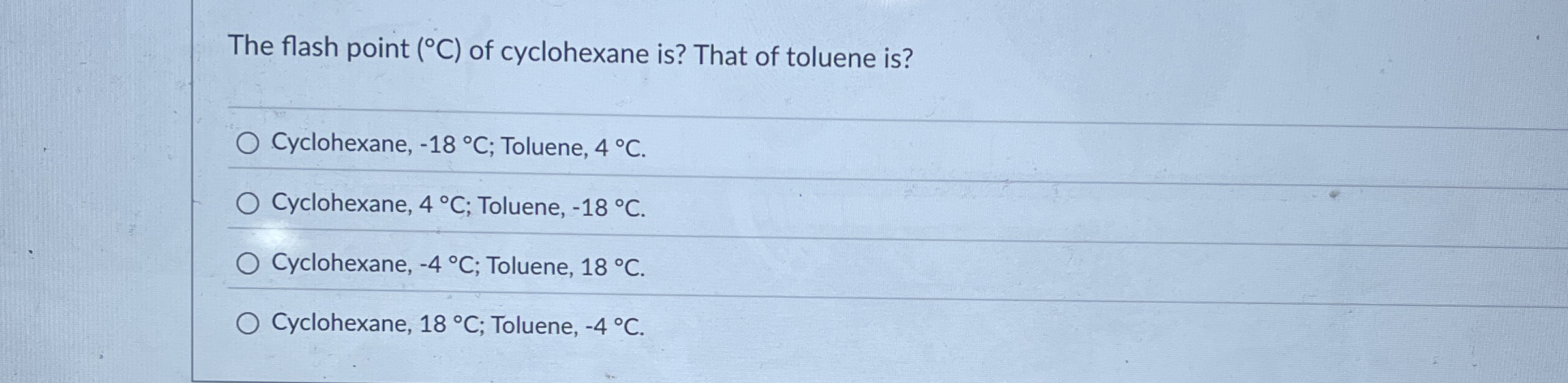 Solved The flash point (°C) ﻿of cyclohexane is? ﻿That of | Chegg.com