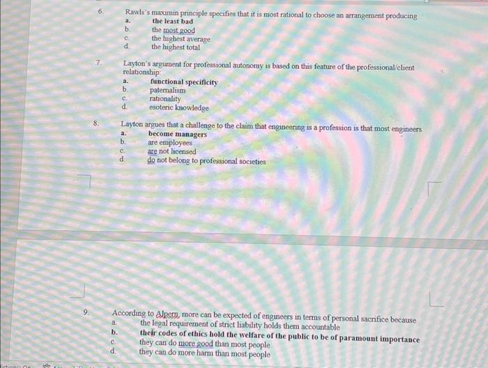 Solved 6. Rawls's maximin principle specifies that it is | Chegg.com