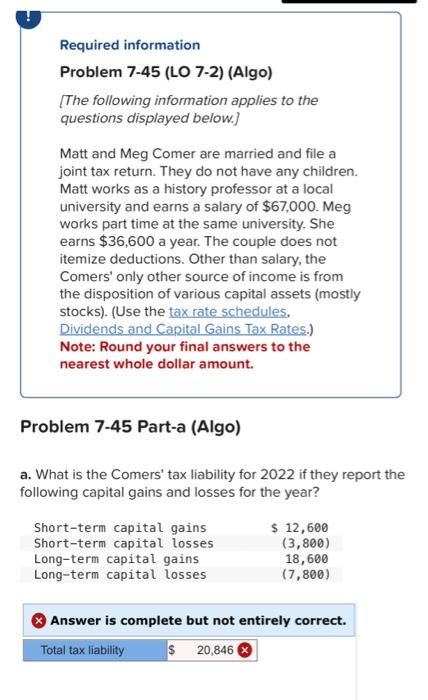 Solved Required information Problem 7-45 (LO 7-2) (Algo) | Chegg.com