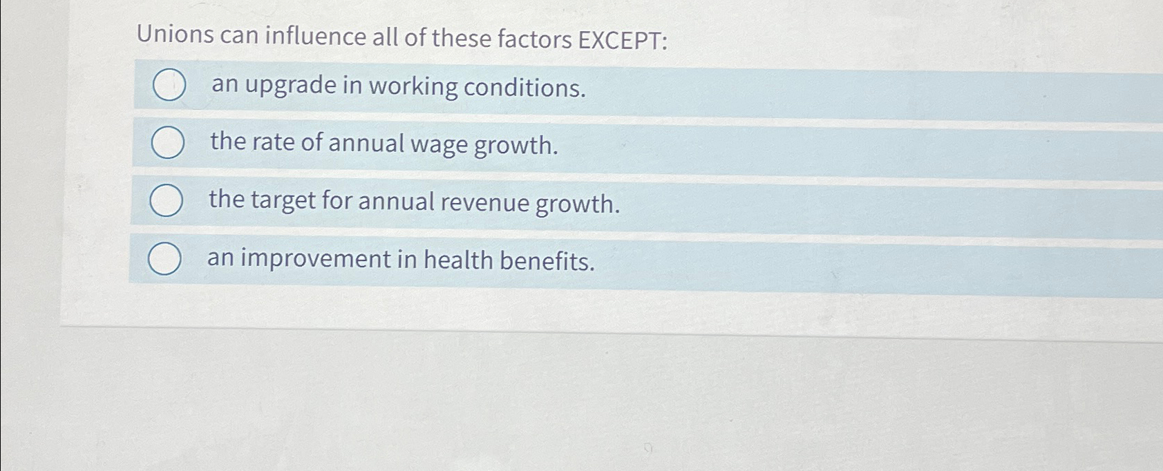 Solved Unions can influence all of these factors EXCEPT:an | Chegg.com
