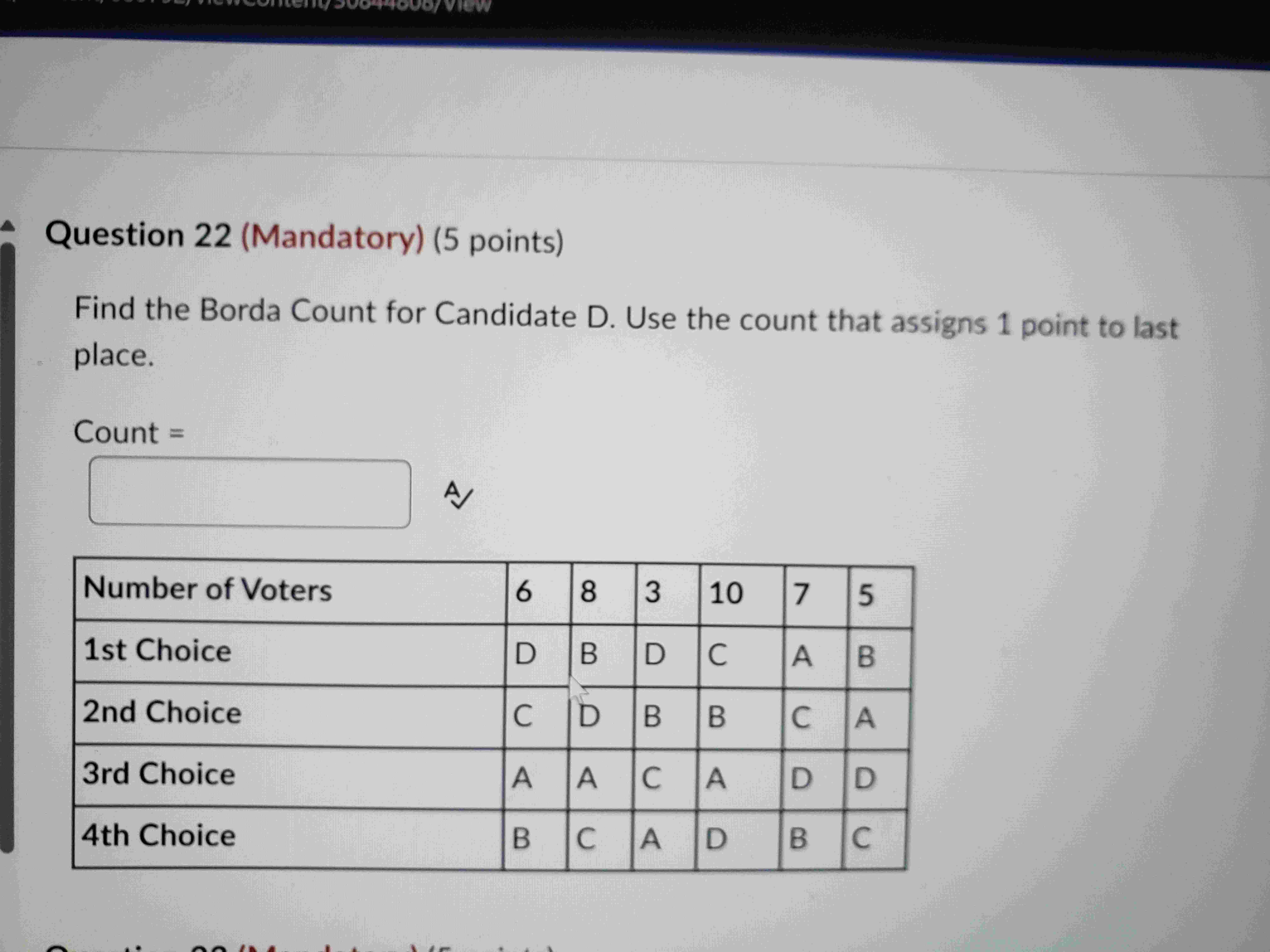 Solved Question 22 (Mandatory) (5 ﻿points) ﻿Find the Borda | Chegg.com