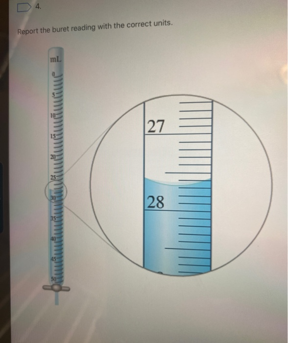 Solved 4. Report the buret reading with the correct units. | Chegg.com