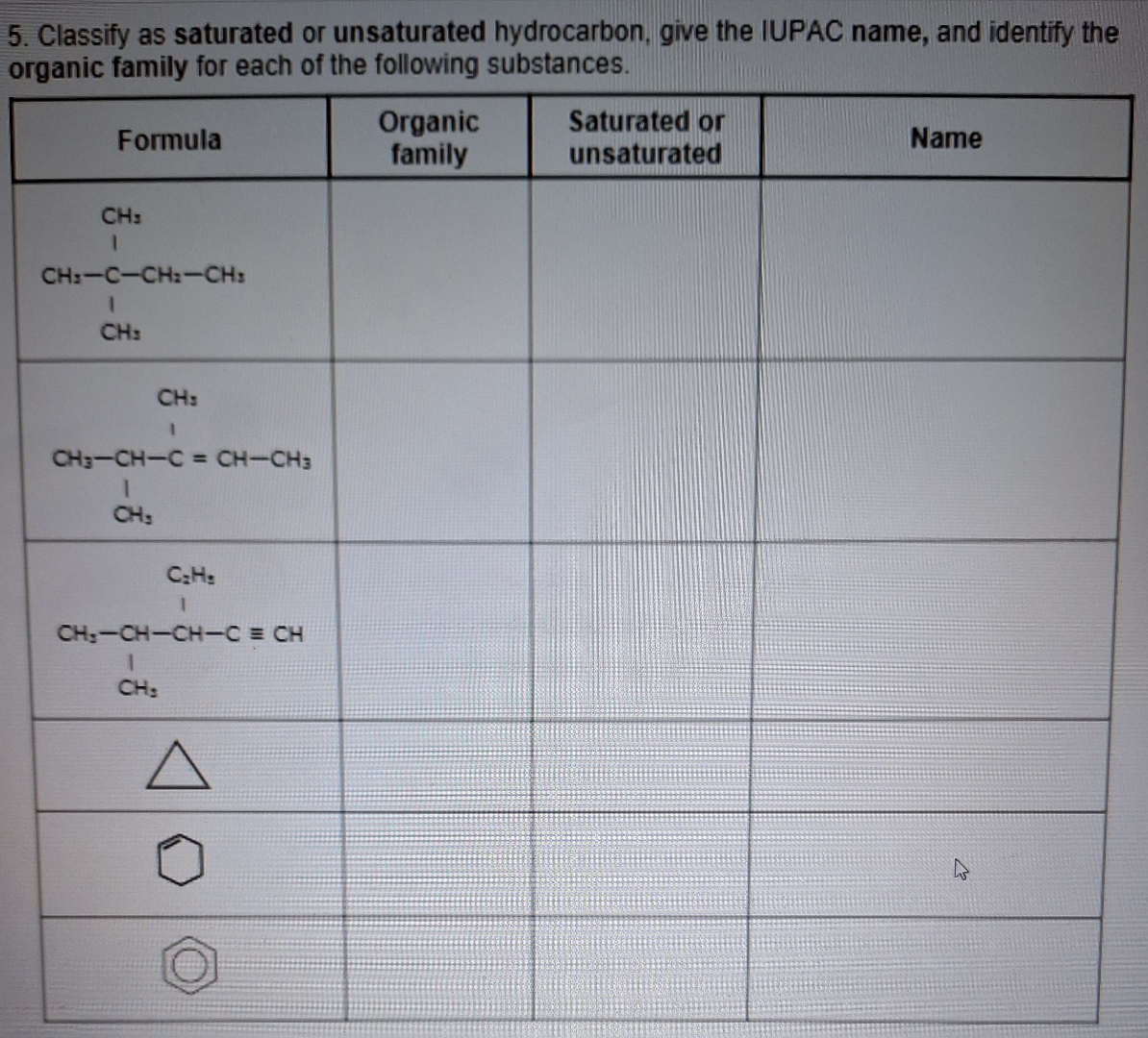 Classify as saturated or unsaturated hydrocarbon, | Chegg.com