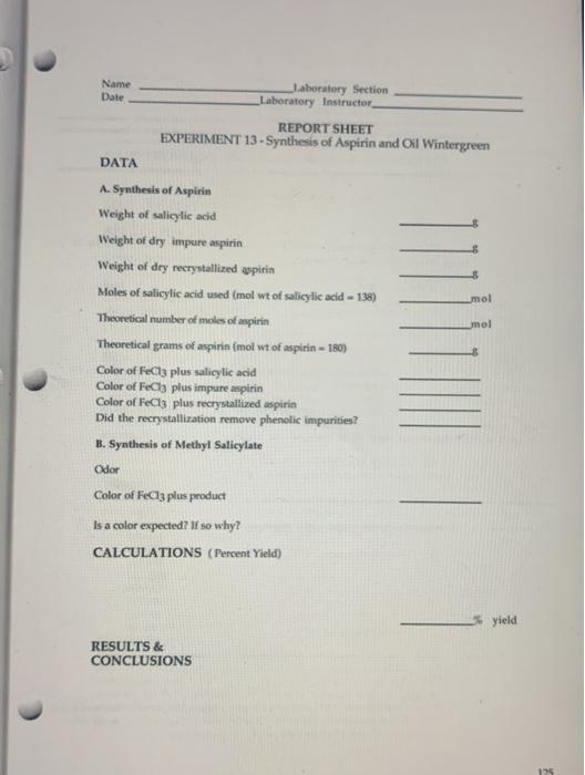 Solved Name: Lab Section 1. EXPERIMENT 13 PRE-LABORATORY | Chegg.com