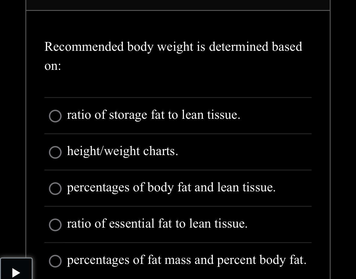 Solved Recommended body weight is determined based on:ratio | Chegg.com
