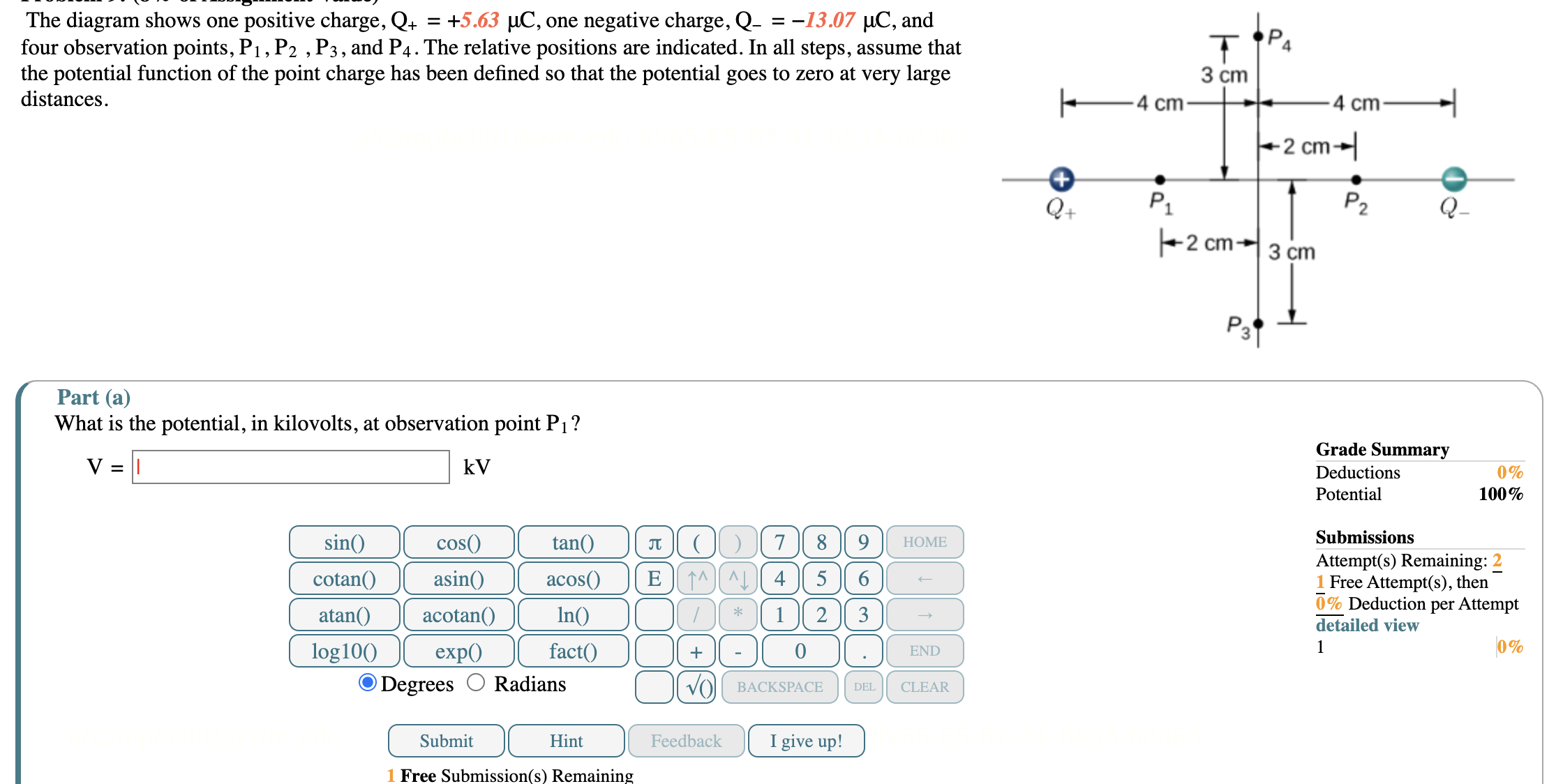 Solved Part (a) ﻿What is the potential, in kilovolts, at | Chegg.com