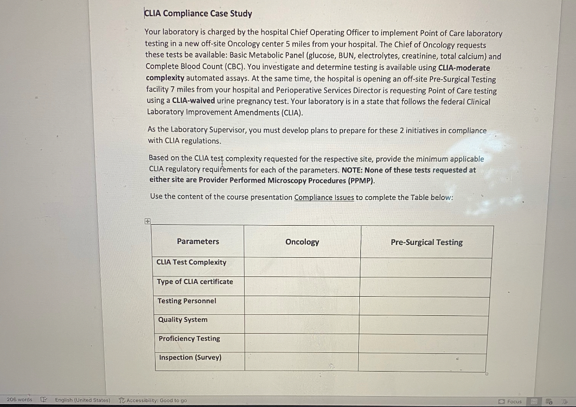 Solved CLIA Compliance Case StudyYour laboratory is charged | Chegg.com