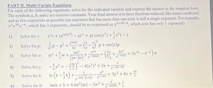 Solved PART II. Multi-Variate Equations For cach of the | Chegg.com