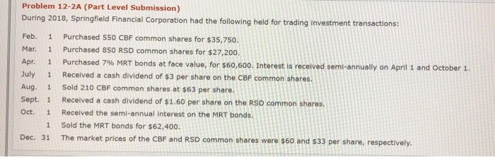Solved Problem 12-2A (Part Level Submission) During 2018, | Chegg.com
