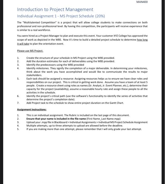 Solved Please use MS Project. 1. Create the structure of | Chegg.com