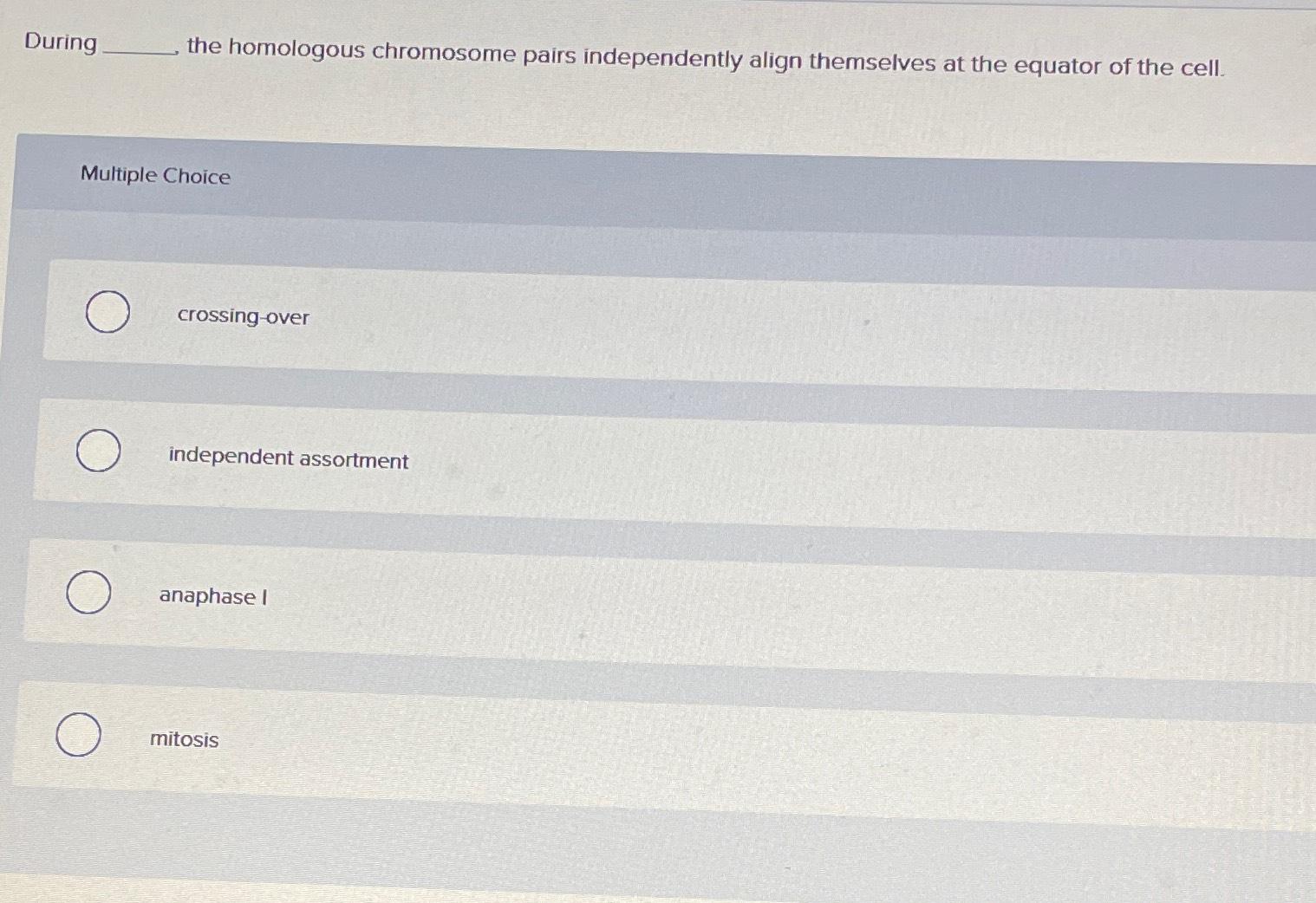 Solved During the homologous chromosome pairs independently | Chegg.com