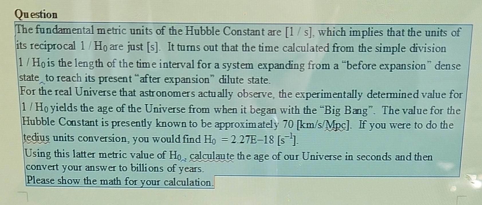 Solved The fundamental metric units of the Hubble Constant | Chegg.com