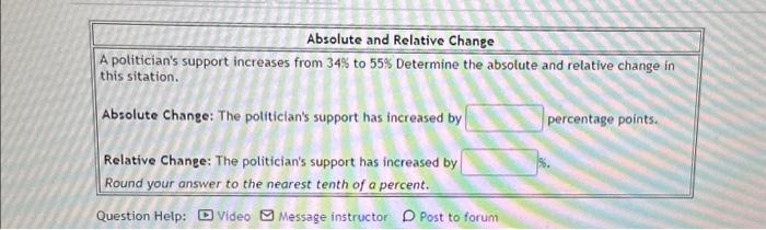 Absolute and Relative Change A politician's support | Chegg.com