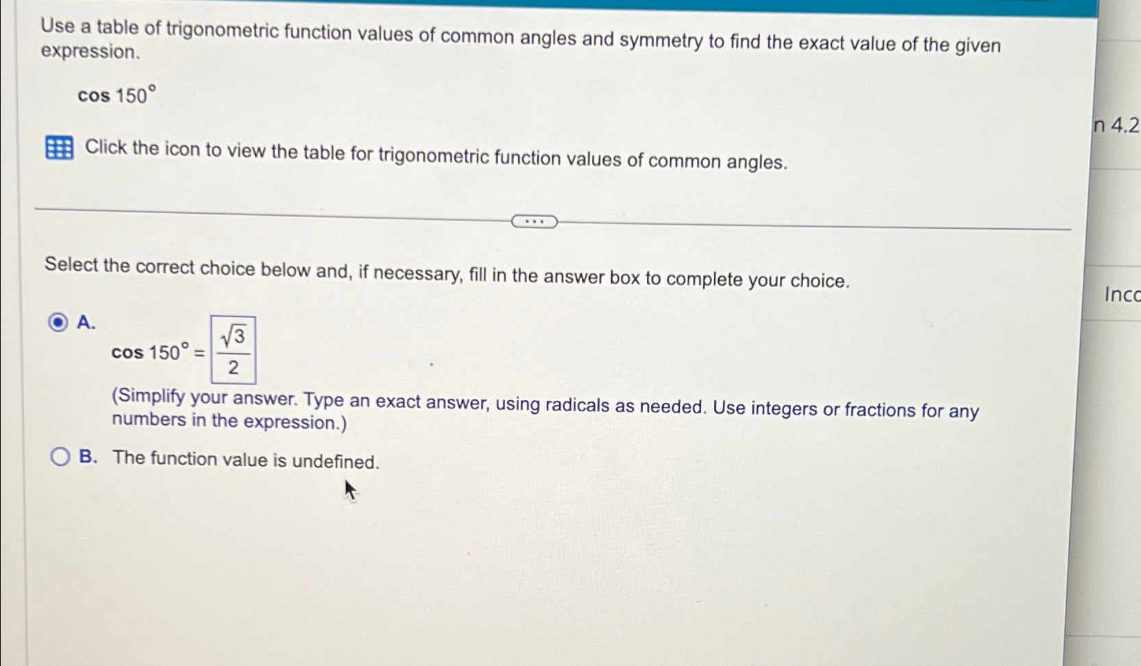 Solved Use a table of trigonometric function values of | Chegg.com