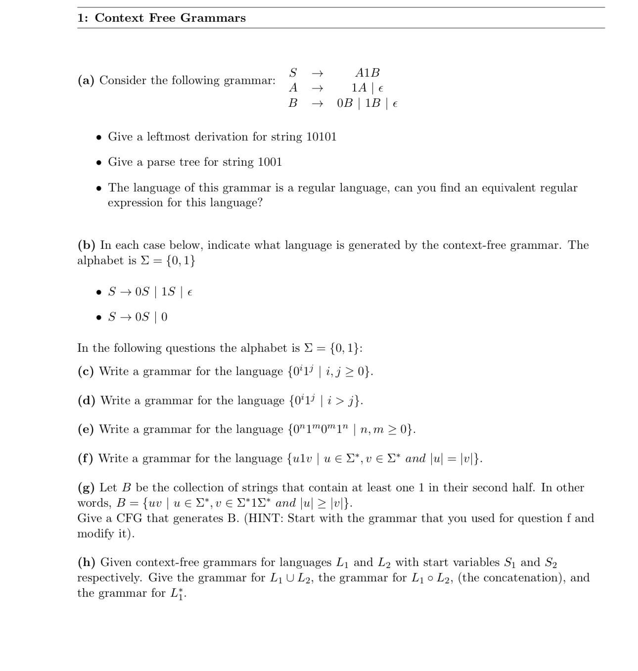 Solved Context Free Grammars]):}A,→,1A|εlon|[,B,→Give a | Chegg.com