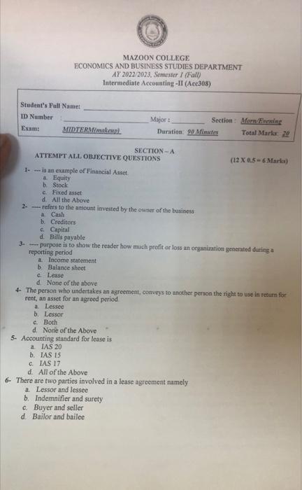 Solved Student's Fuil Name: ID Number Exam: | Chegg.com